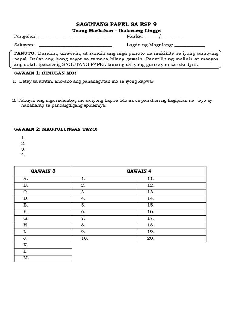 Learning Activity Sheet in ESP 9 Quarter 1 (Week 2) | PDF