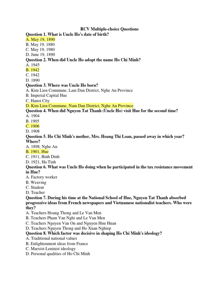Uncle Ho: RCV Quiz Questions | PDF | Ho Chi Minh | French Indochina