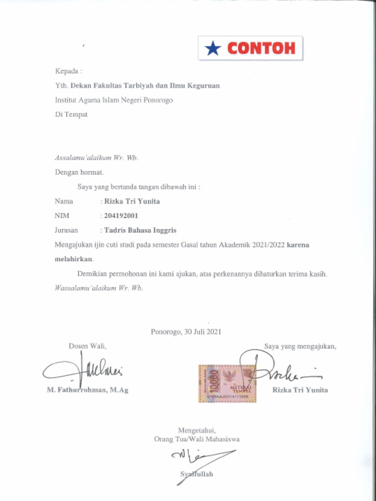 26 Contoh Form Ijin Cuti Studi Fatik | PDF