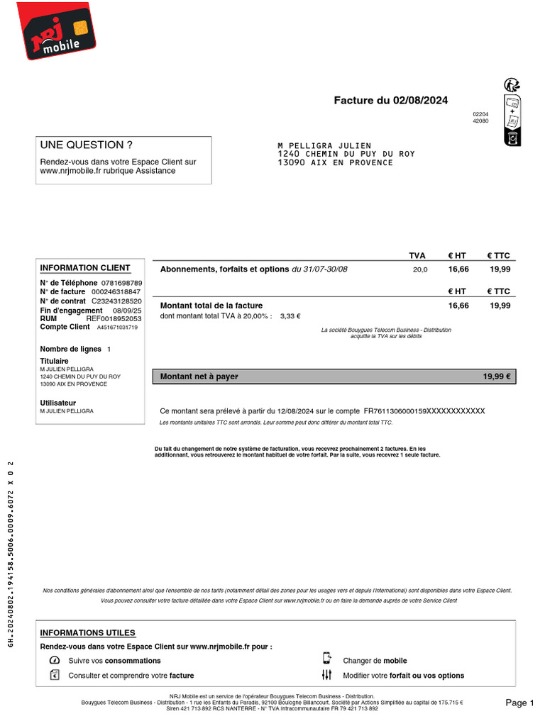 Facture NRJ Mobile - Août 2024 | PDF | Taxe sur la valeur ajoutée ...