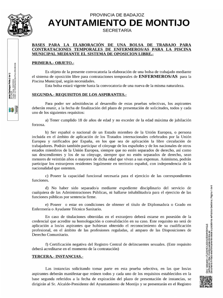 BASES BOLSA DE TRABAJO ENFERMEROS-AS PISCINA 2024 | PDF | Documento de ... BASES BOLSA DE TRABAJO ENFERMEROS-AS PISCINA 2024 | PDF | Documento de ...