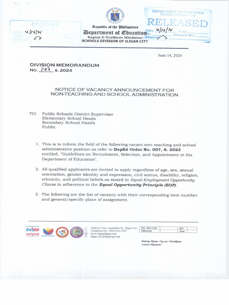 DM 167 S., 2024 - Notice of Vacancy Announcement No. 076 Non-Teaching and School Administration ...