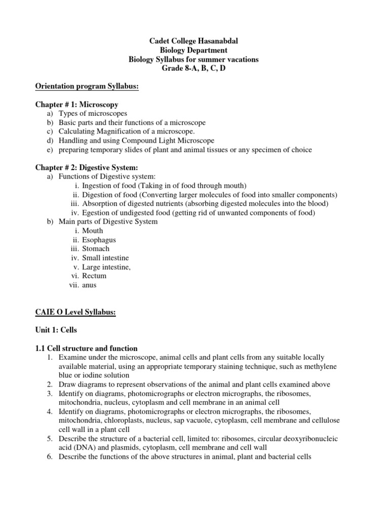 Biology 8ABCD Summer Home Task 2024 | PDF | Cell (Biology) | Digestion