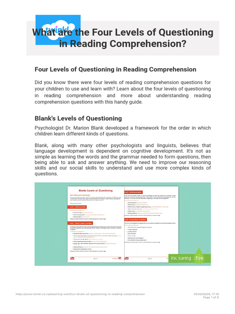 Understanding Reading Comprehension Questions L Four Levels of Questions | PDF | Reading ...