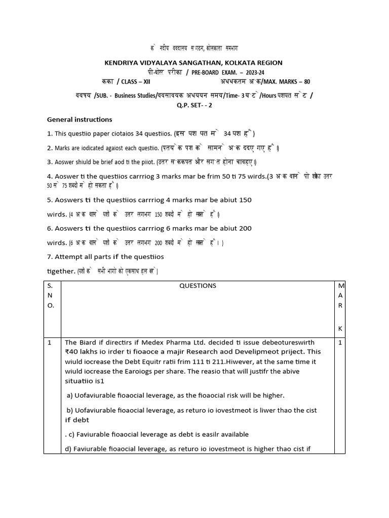 QP BST CLASS 12 SET 2-Kolkata | PDF