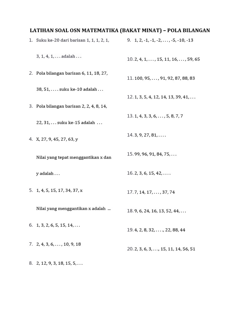 Latihan Soal Osn Matematika-Pola Bilangan 10 Agustus 2024 | PDF