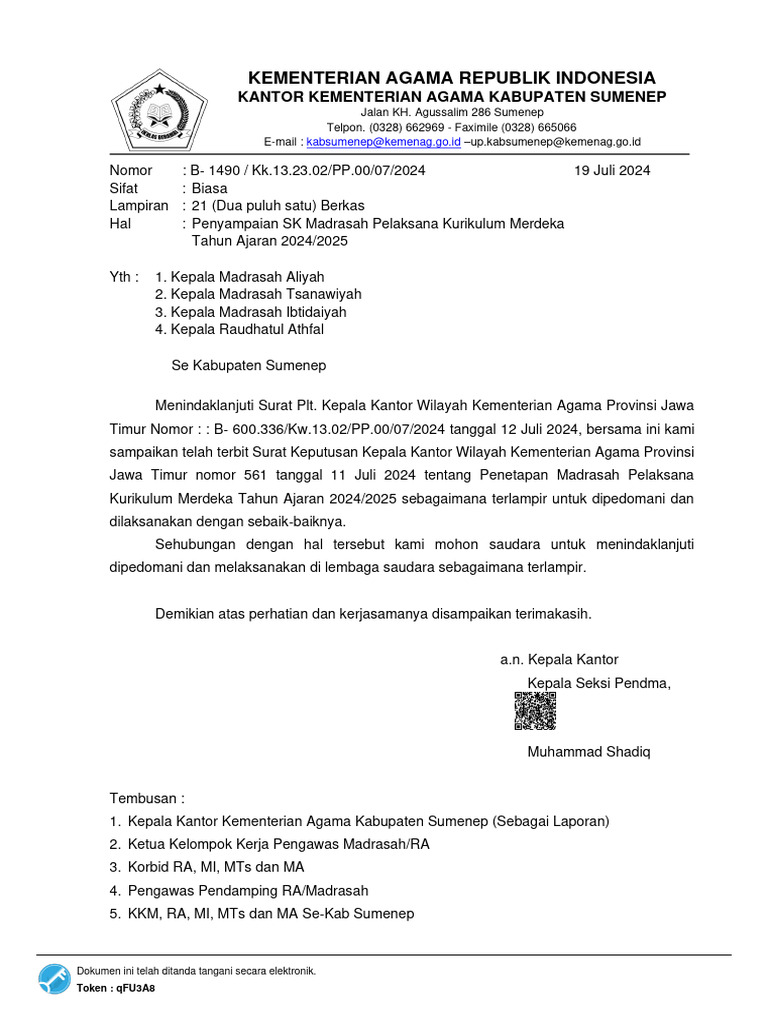 Surat Pengantar Penyampaian SK Madrasah Pelaksana Kurikulum Merdeka ...