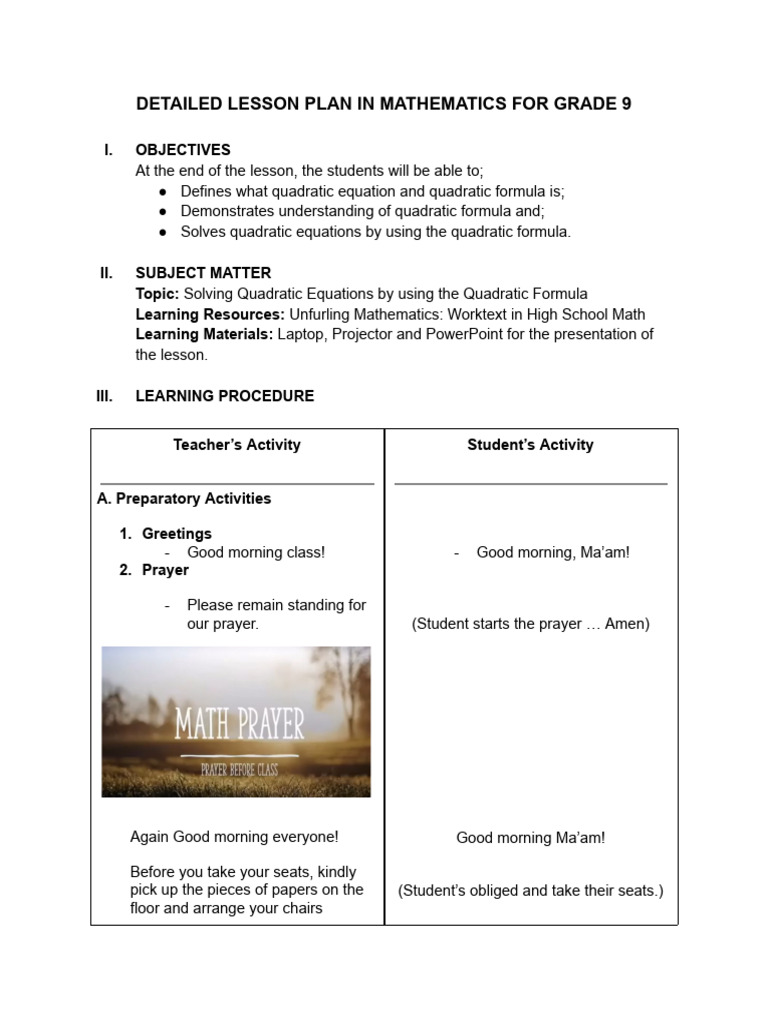 Grade 9 Quadratic Equation Lesson Plan | PDF | Quadratic Equation ...