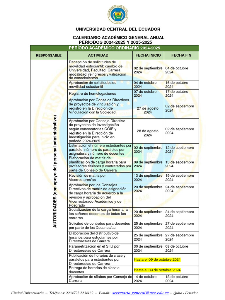 CALENDARIO ACADÉMICO GENERAL ANUAL 2024-2024 y 2025-2025 UCE. | PDF