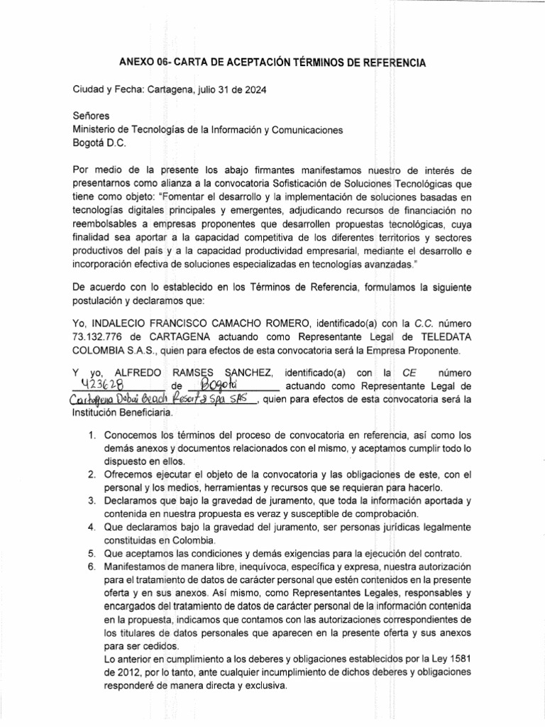 Teledata Anexo 06 Aceptación TR Ok | PDF