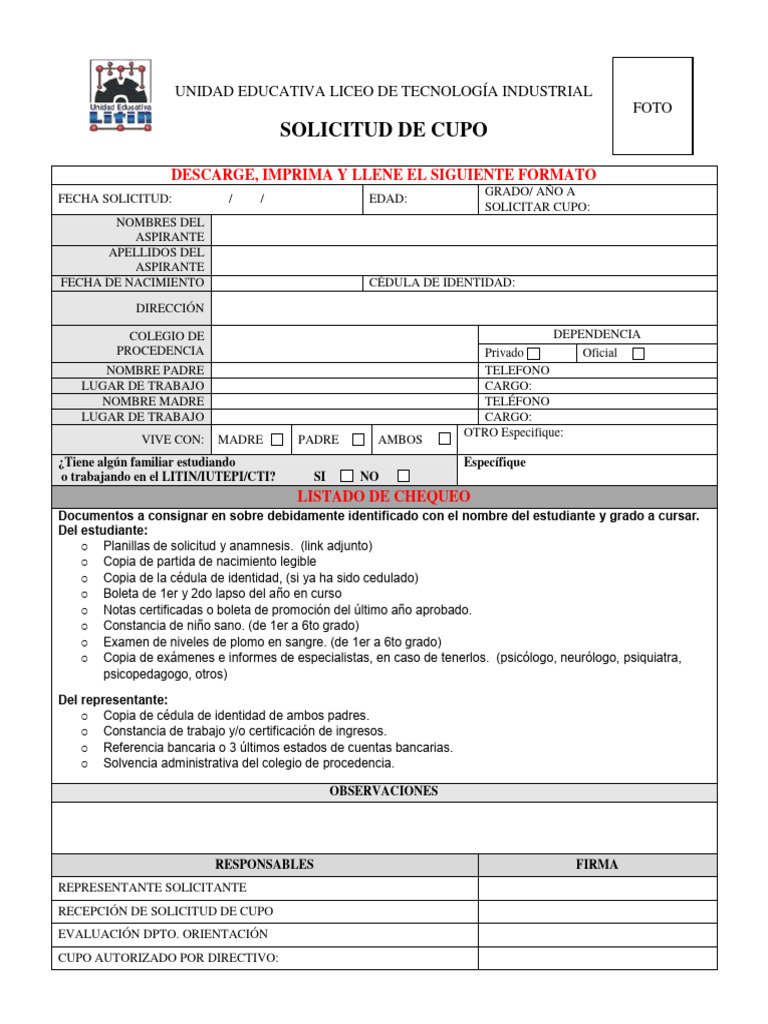 litin planilla de solicitud de cupo | PDF | Documento de identidad | Cuidado de la salud