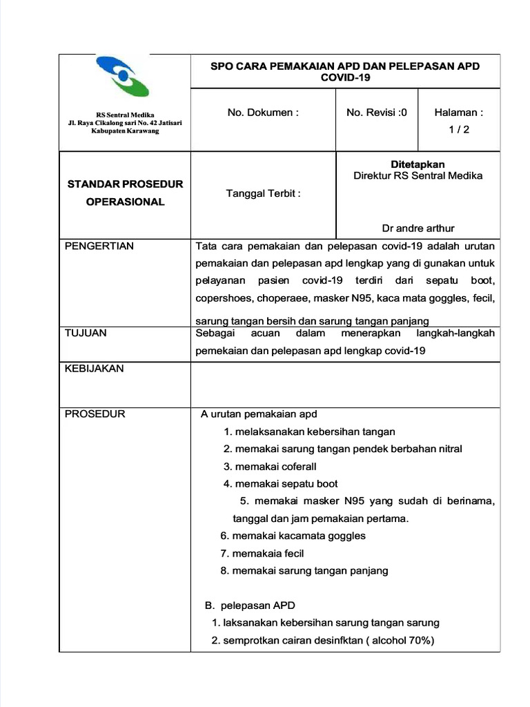 SPO Penggunaan APD Dan Ruang Isolasi | PDF