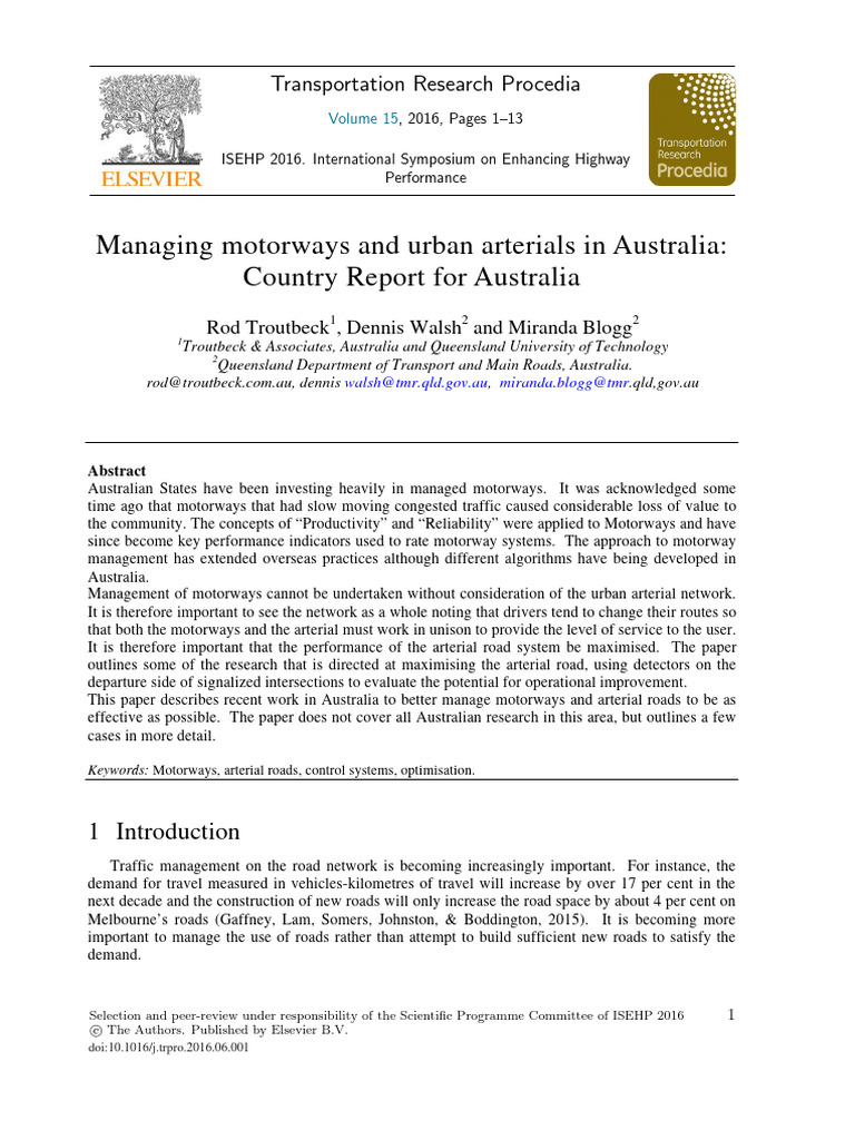 Managing Motorways and Urban Arterials in Australia 2016 Transportation ...