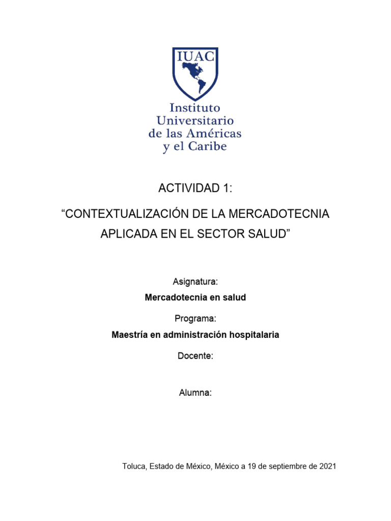 Actividad 1 Contextualización de La Mercadotecnia Aplicada en El Sector Salud | PDF | Marketing ...