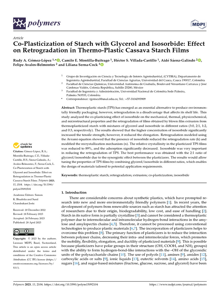 Co-Plasticization of Starch With Glycerol and Isosorbide: Effect On ...