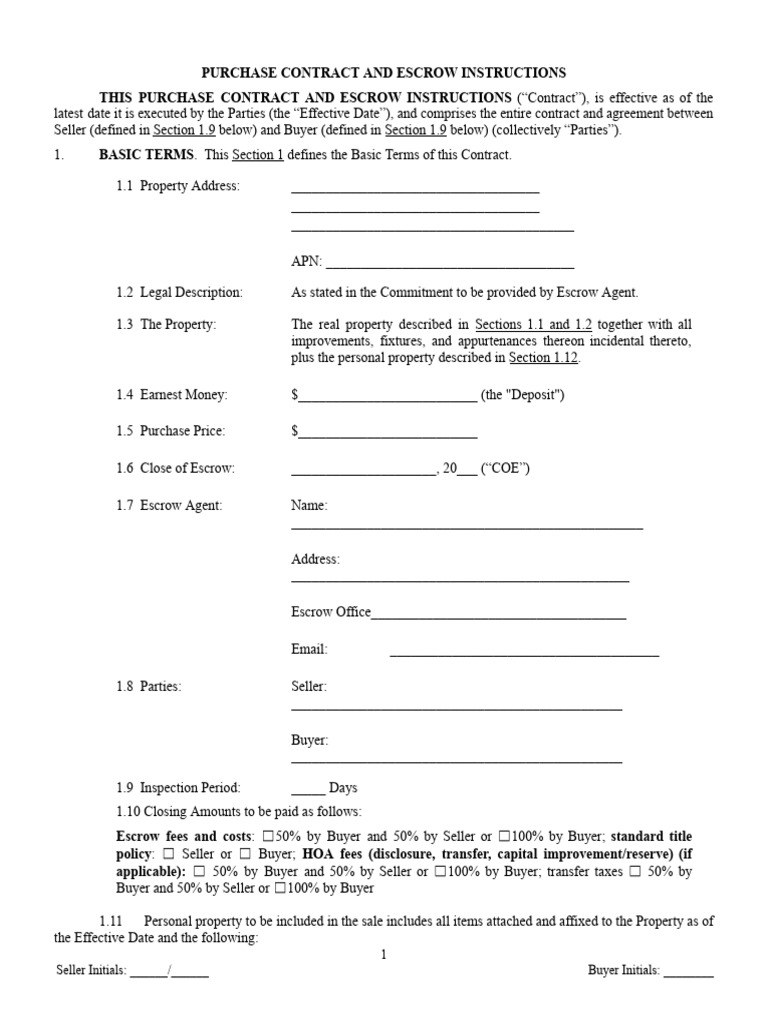 Purchase Contract and Escrow Instructions | PDF | Breach Of Contract ...