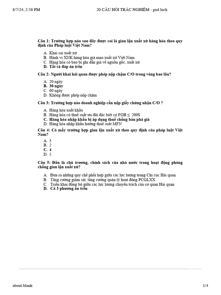 20 CÂU HỎI TRẮC NGHIỆM Gud Luck | PDF