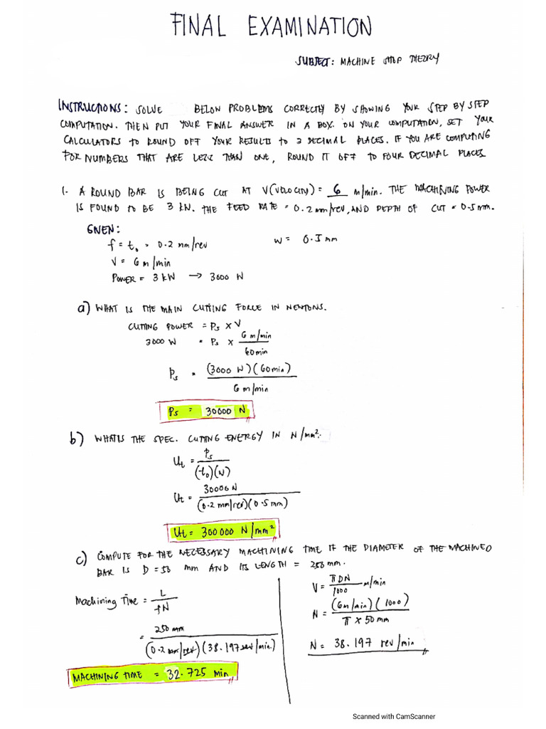 Machine Shop Theory - FINAL EXAMINATION (Bagaporo, Kristine Joy D ...