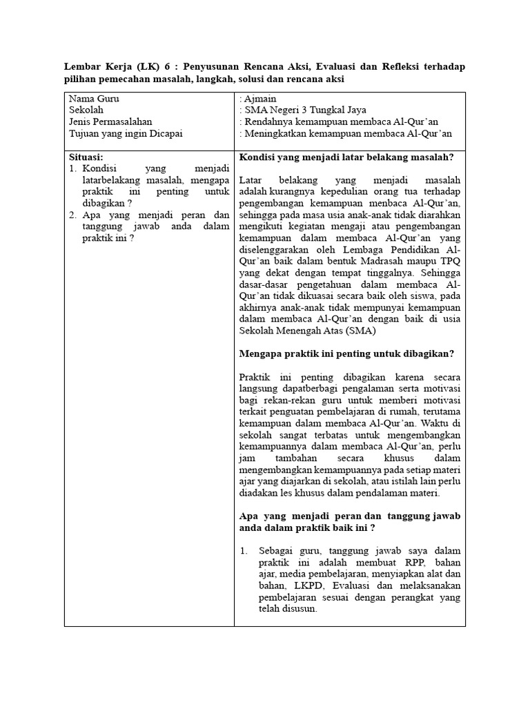 LK-6 Lembar Kerja (LK) 6 Penyusunan Rencana Aksi, Evaluasi Dan Refleksi ...