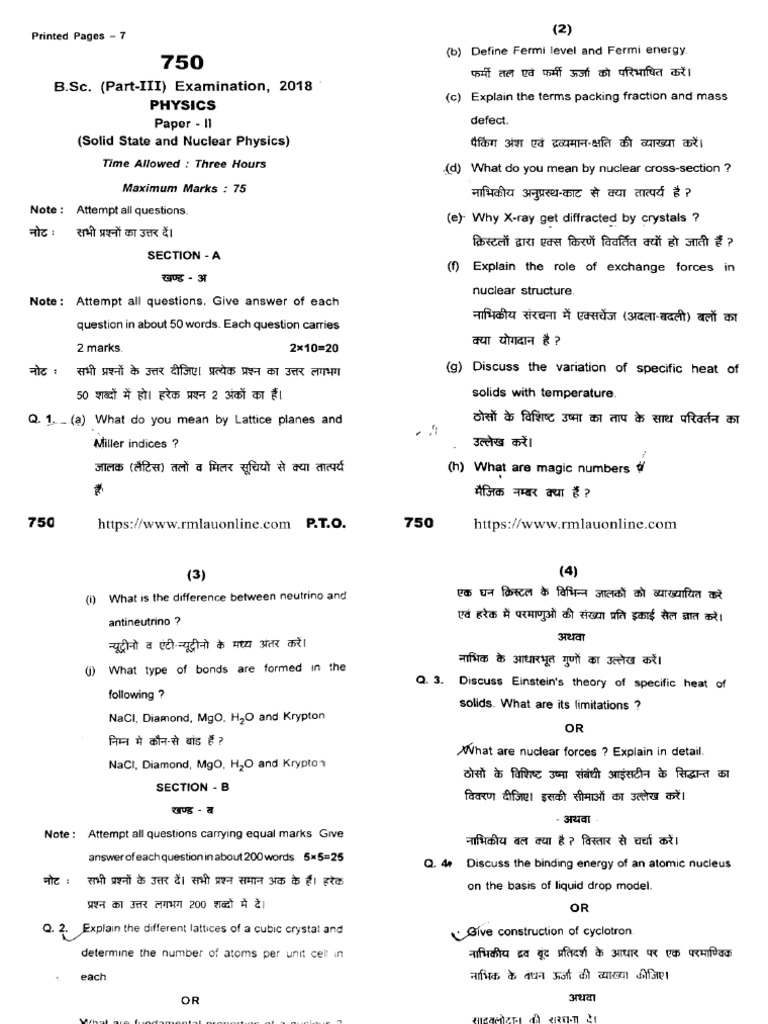 Bsc Part 3 Physics Solid State and Nuclear Physics 750 2018 | PDF