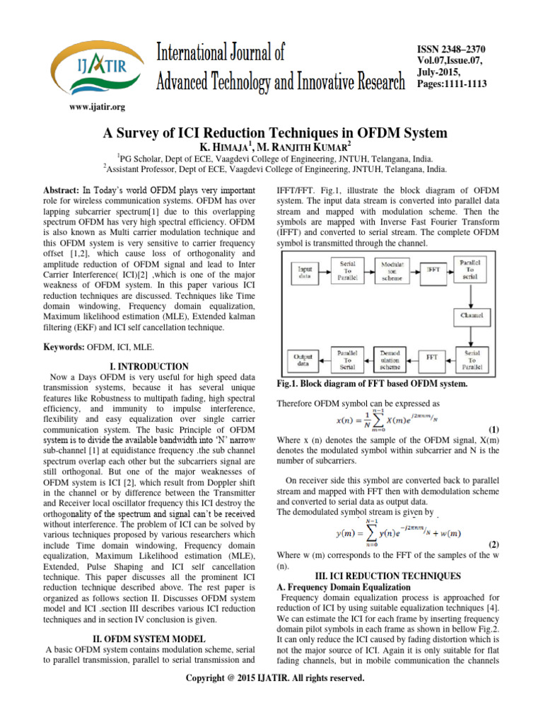 A Survey of ICI Reduction Techniques in OFDM System | PDF | Orthogonal ...