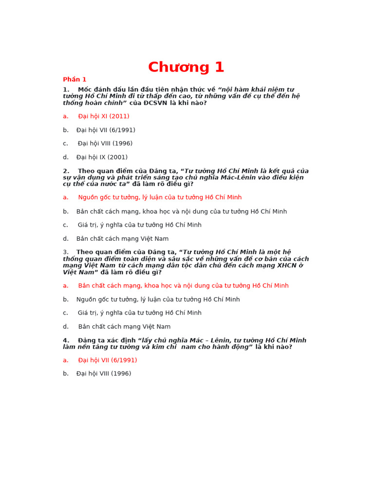 Cau Hoi Trac Nghiem Chuong 1 2 3 6 Mon Tu Tuong Ho Chi Minh Truong Dai 76413 | PDF