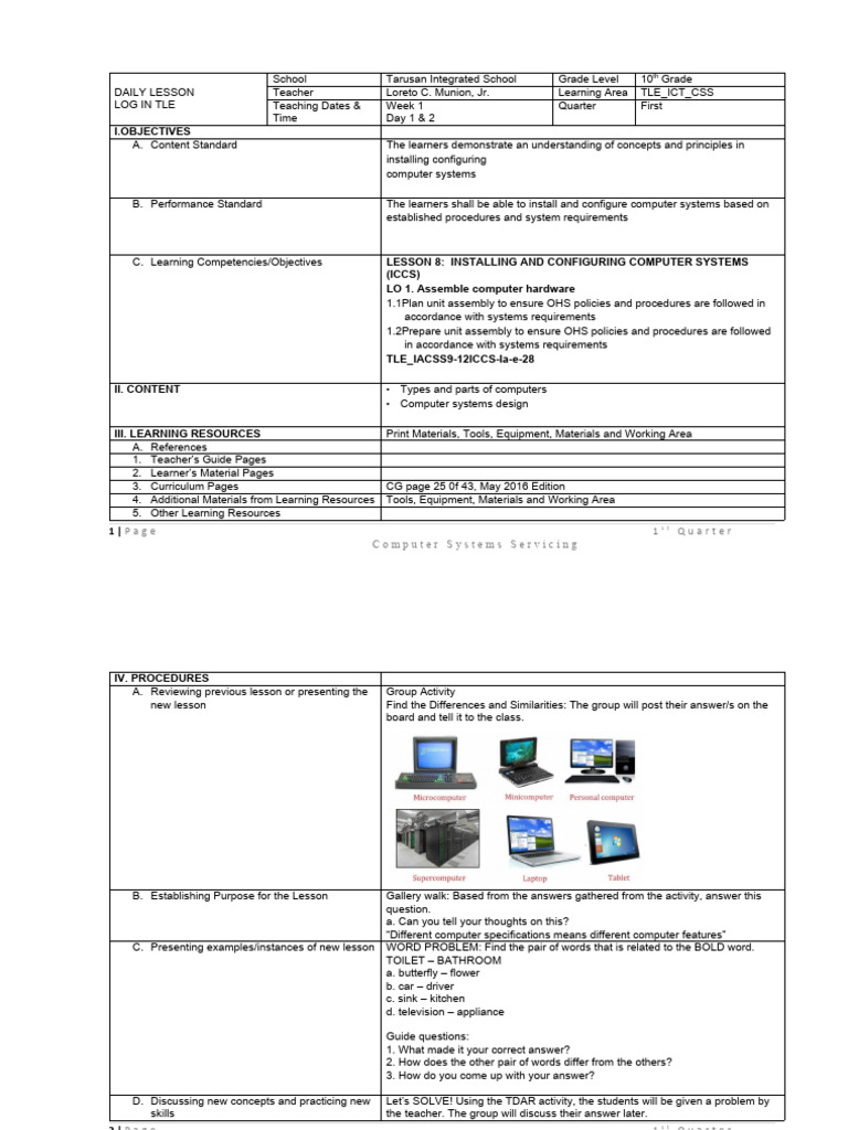 I.Objectives: 1 Quarter Computer Systems Servicing | PDF | Learning ...
