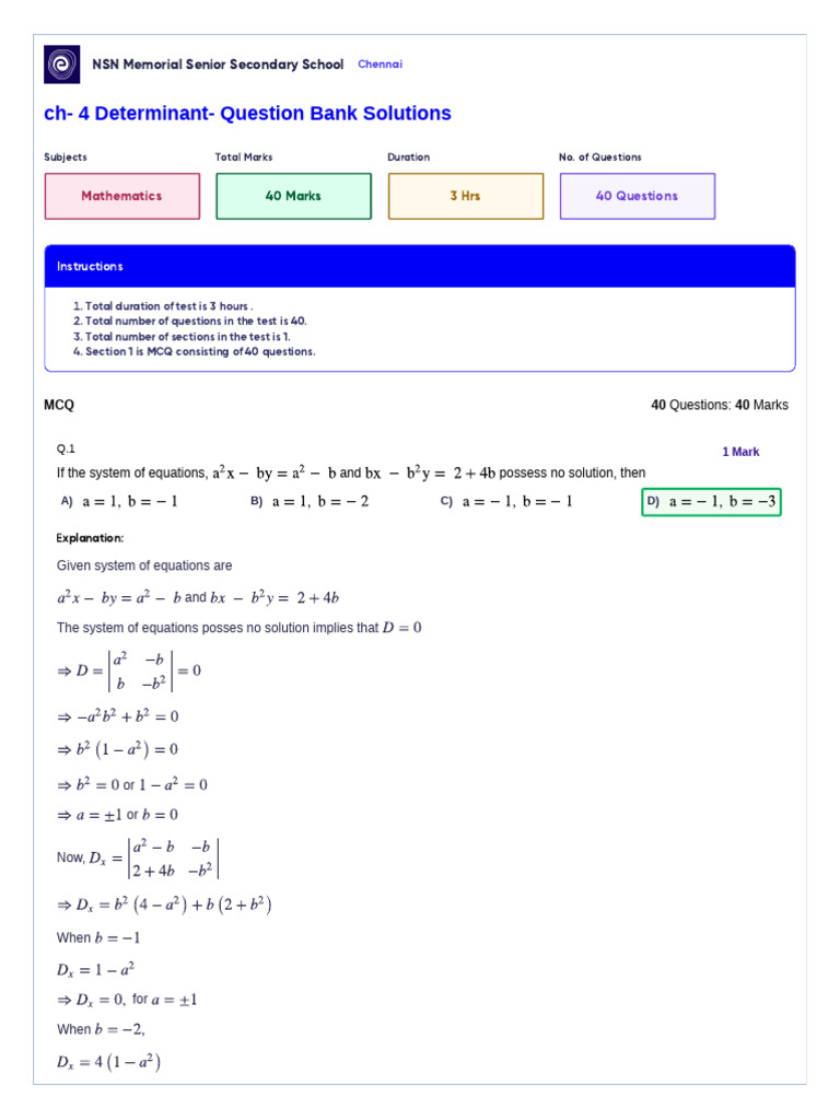 CH 4 Det MCQ Answer Key | PDF | Determinant | Mathematics