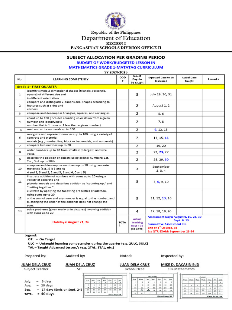 BOW Budgeted Lesson G1 Math SY 2024 2025 1st QTR | PDF | Shape ...