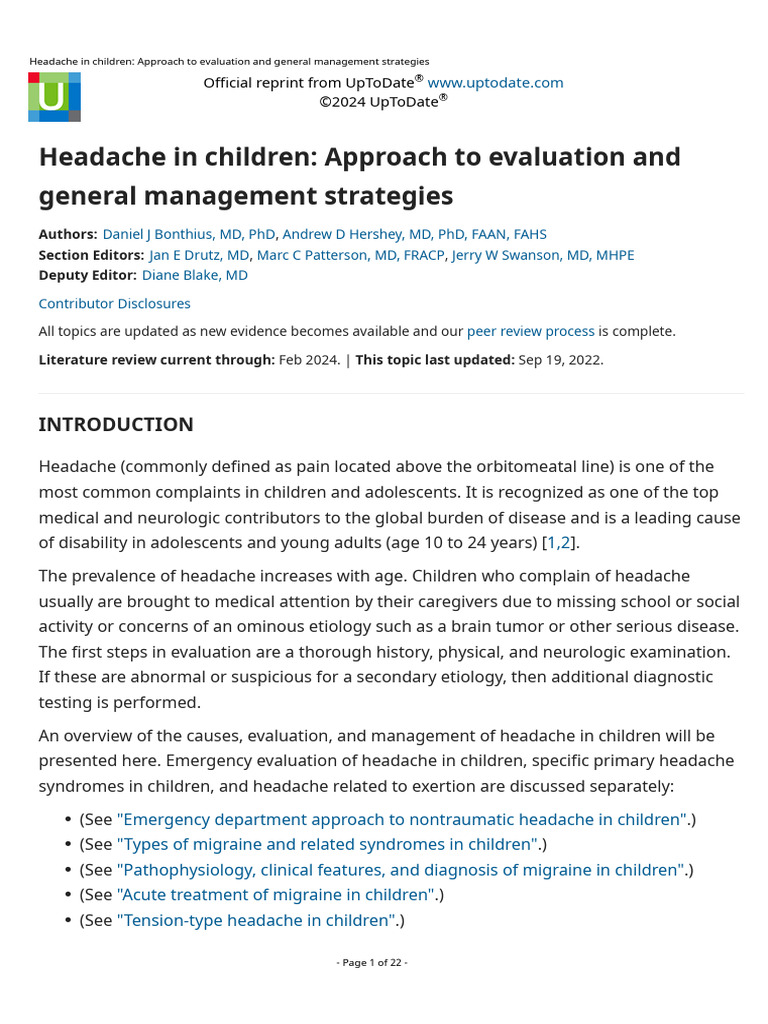 Headache in Children: Approach To Evaluation and General Management ...