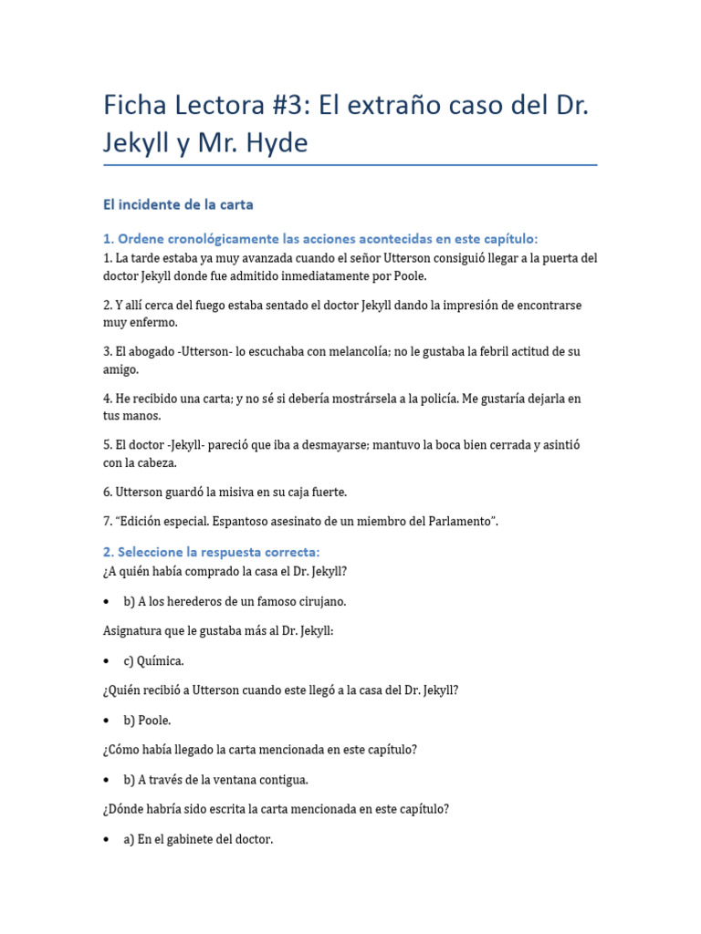 Ficha Lectora Resuelta | PDF | Extraño caso del Dr. Jekyll y el Sr. Hyde