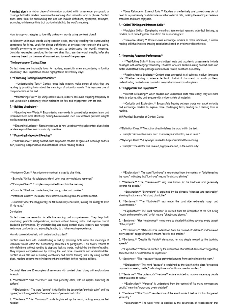 Context Clues Notes | PDF | Reading Comprehension | Vocabulary