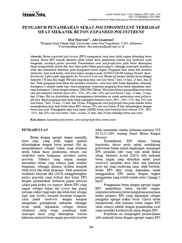 Pengaruh Penambahan Serat Polyprophylene Terhadap Sifat Mekanik Beton Expanded Polystyrene | PDF
