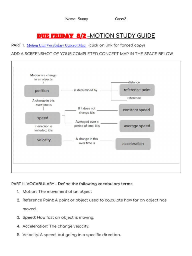 (SC) WK 4 Motion Study Guide Revised '24 | PDF | Speed | Velocity