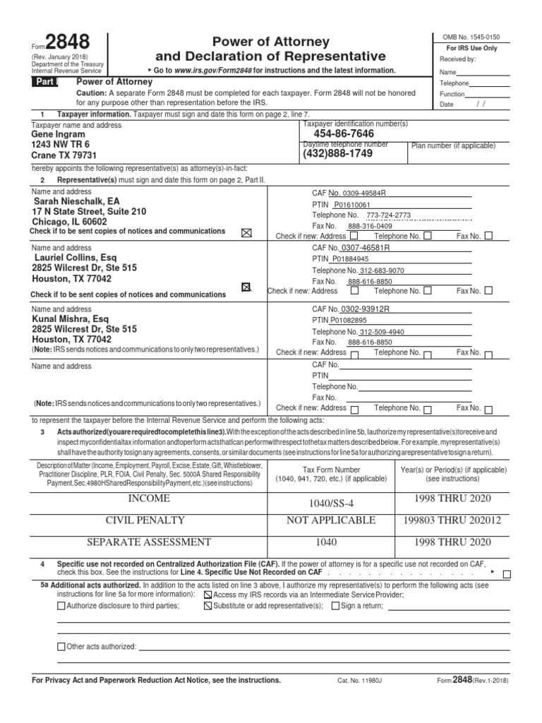 f2848 IRS POA Ingram, Gene Unsigned 08-01-2018 | PDF | Internal Revenue ...