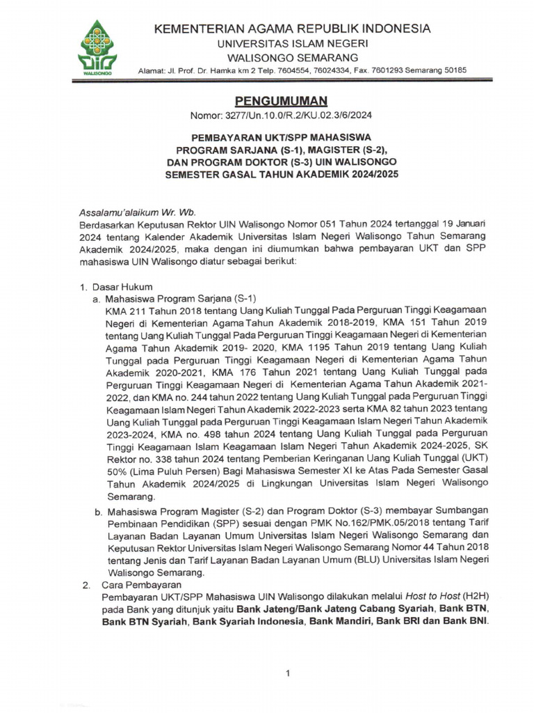 Pengumuman Pembayaran UKT-SPP Semester Gasal 2024-2025 | PDF