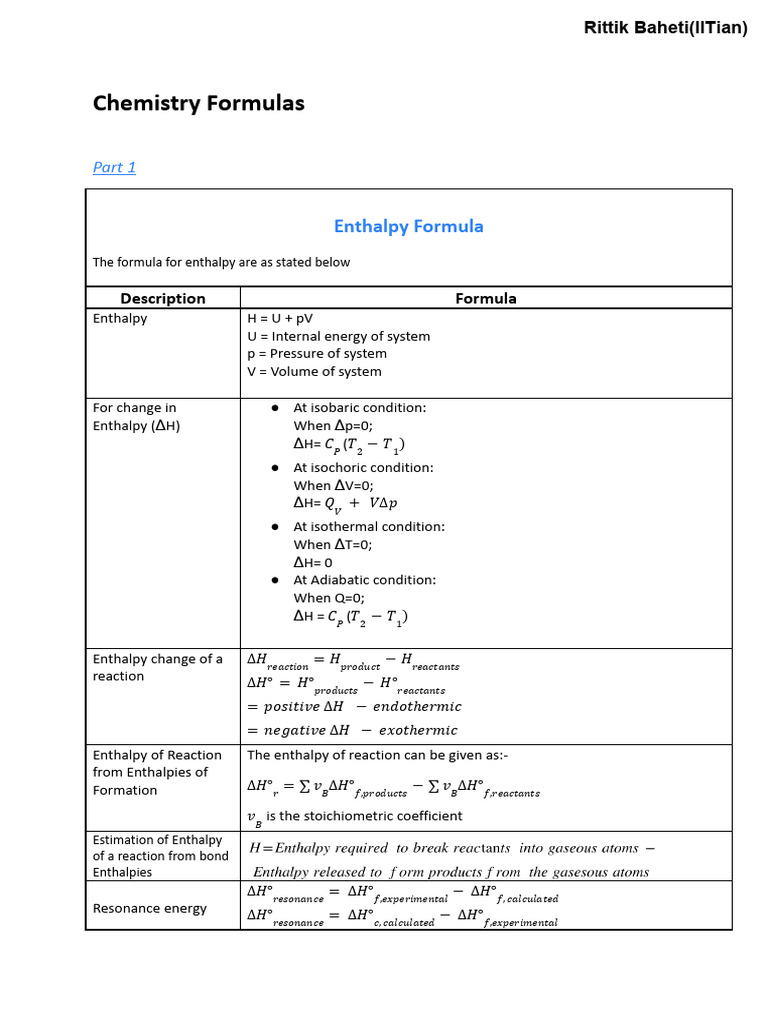 Chemistry Formula Sheet Rittik Baheti (1) | PDF | Gases | Enthalpy