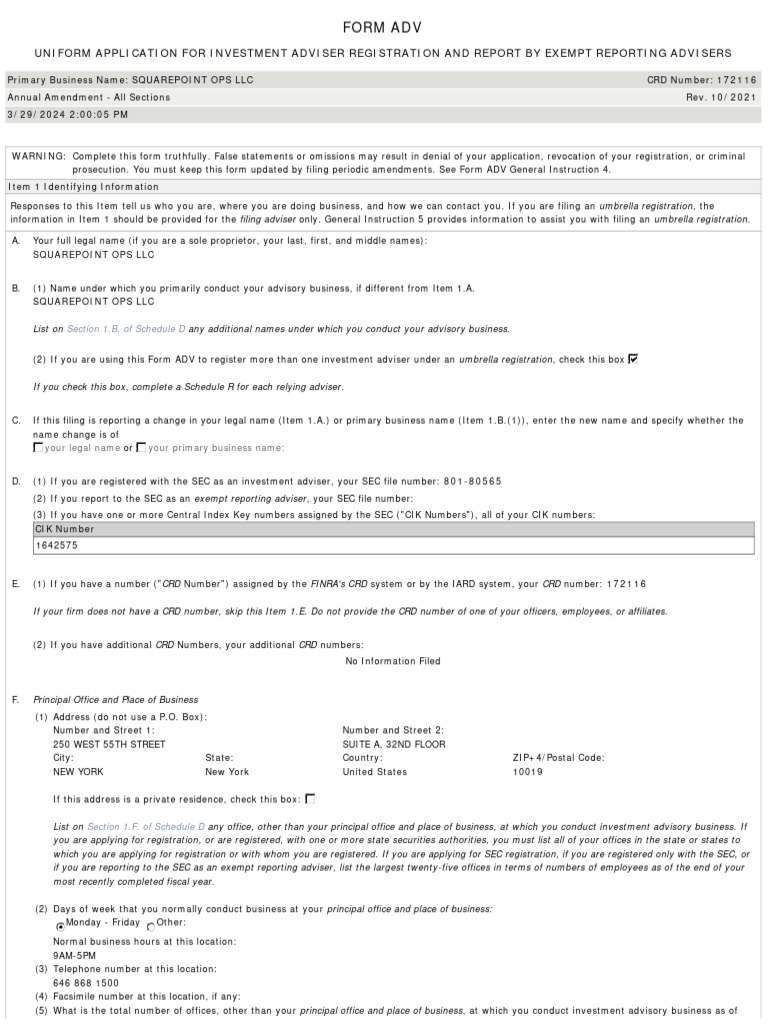 Form Adv: Uniform Application For Investment Adviser Registration and Report by Exempt Reporting ...