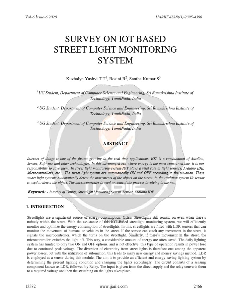 SURVEY ON IOT BASED STREET LIGHT MONITORING SYSTEM Ijariie13382 | PDF ...