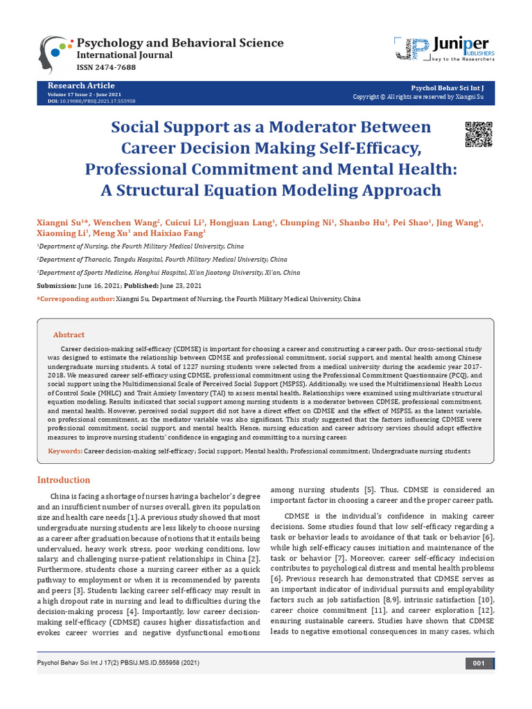 Social Support as a Moderator Between Career Decision Making Self ... Social Support as a Moderator Between Career Decision Making Self ...