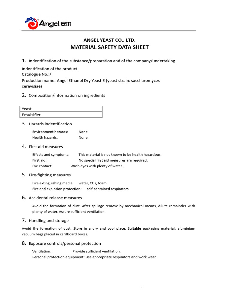 Angel - Certificate - MSDS - Angel Ethanol Dry Yeast E | PDF | Yeast ...