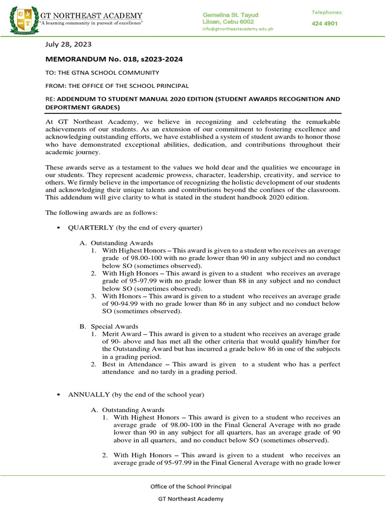MEMO018s2023 2024 - Addendum To Student Awards Recognition and ...
