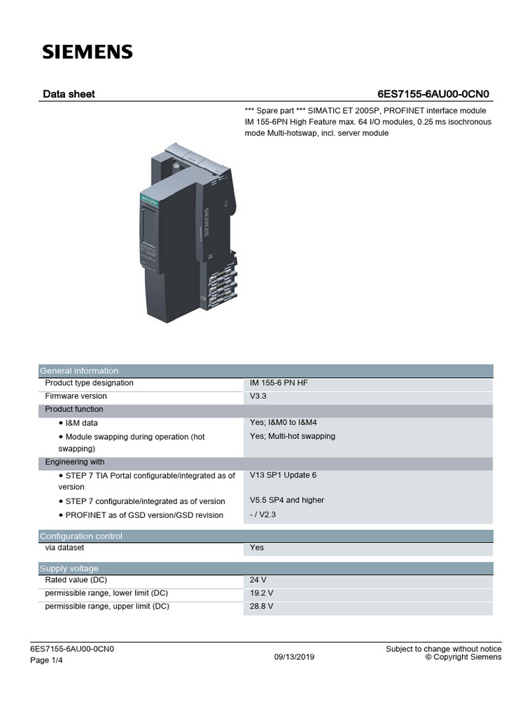 Datablad 1747781 Siemens 6es7155 6au00 0cn0 PLC Interface | PDF | Data ...