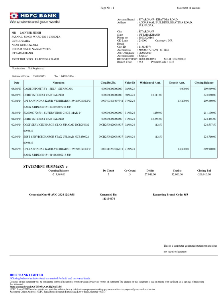 Acct Statement - XX6791 - 05082024 2 | PDF | Debits And Credits | Business