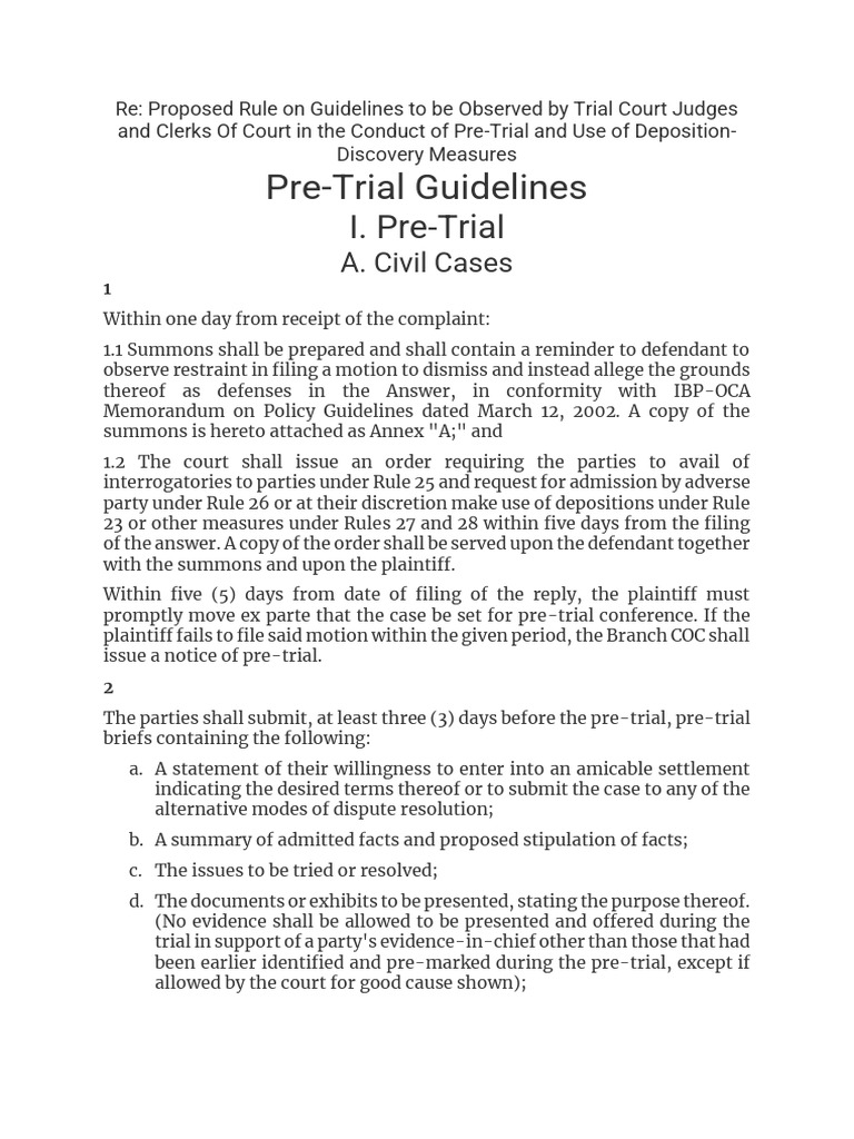 Pre-Trial Guidelines for Court Procedures | PDF | Discovery (Law) | Trials