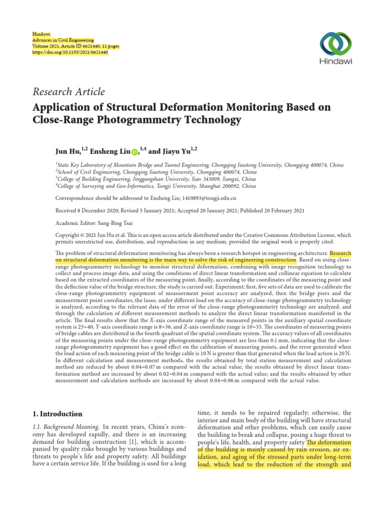 Application of Structural Deformation Monitoring Based on Close Range Photogrammmetry Technology ...