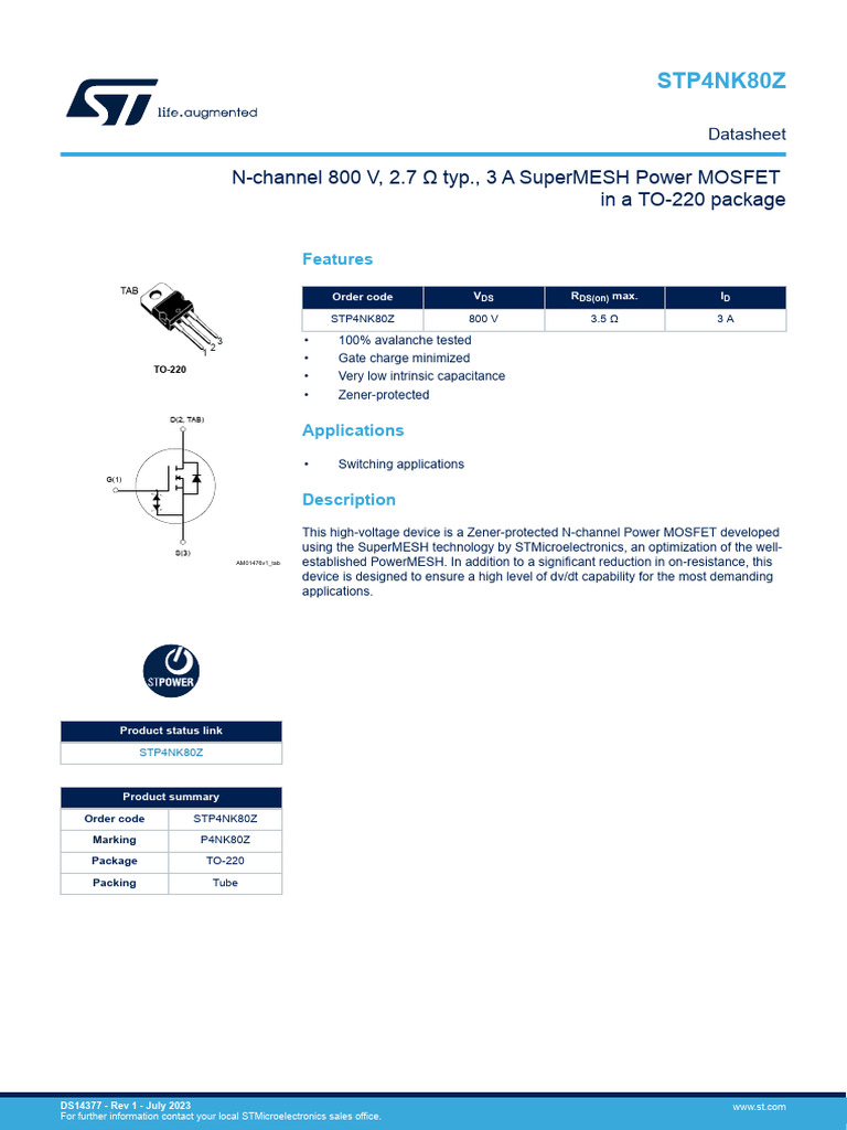 STP 4 NK 80 Z | PDF | Field Effect Transistor | Mosfet