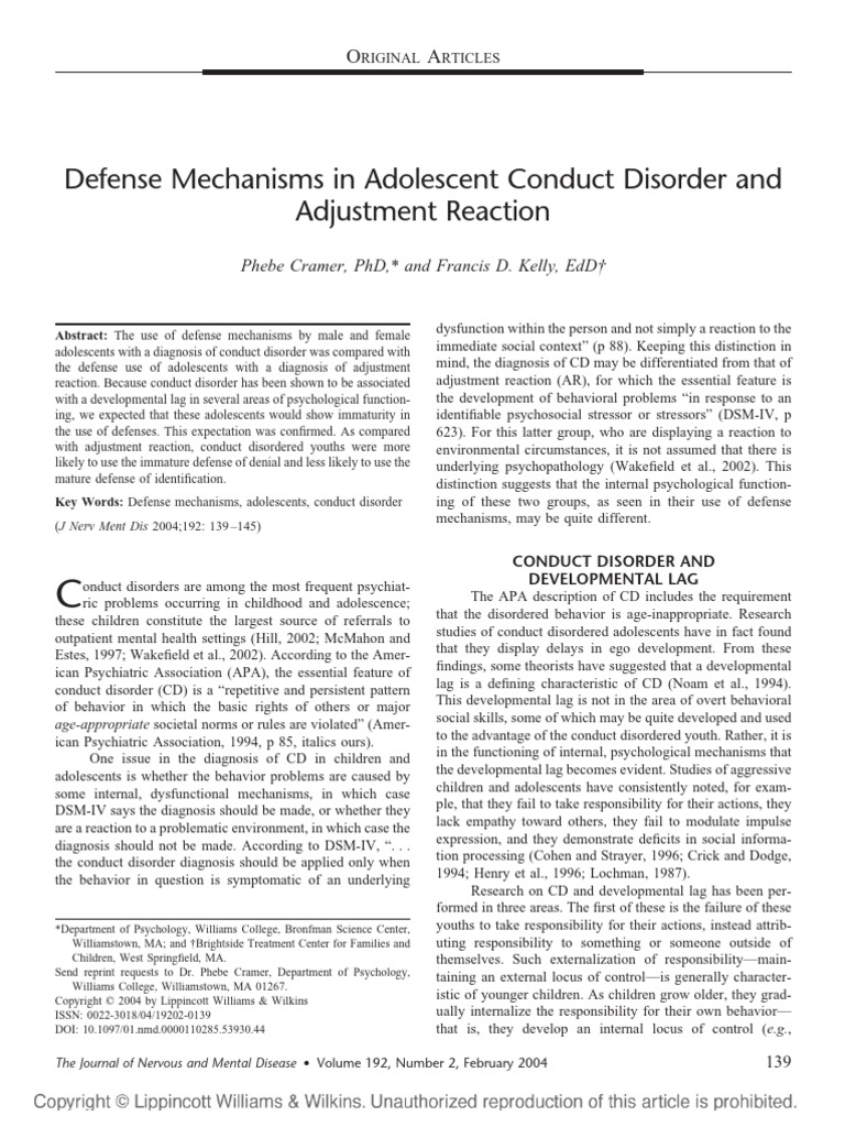 Defense Mechanisms in Adolescent Conduct Disorder and Adjustment ...