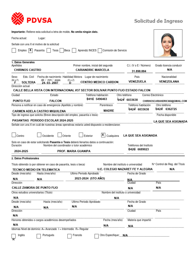 Planilla Solicitud de Ingreso | PDF