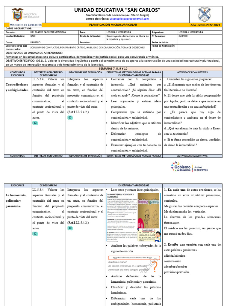 Planificación - MicroCurricular - Lengua 1ero - S7, S8, S9, S10 | PDF | Enseñando | Evaluación
